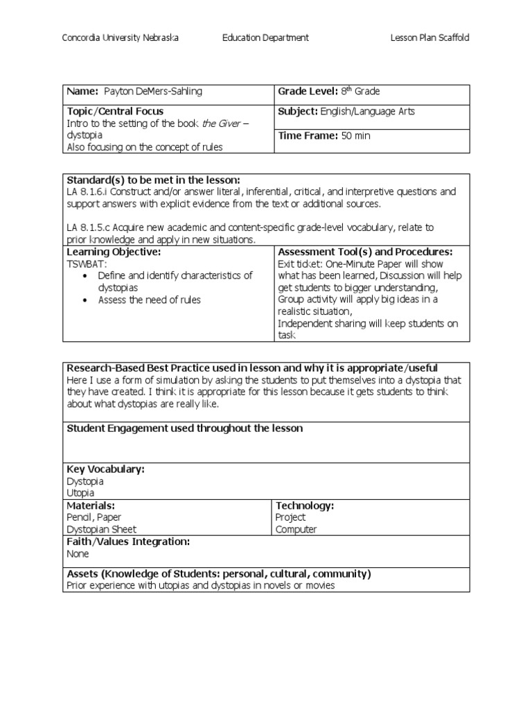 The Giver: Concordia University Nebraska Education Department Lesson ...