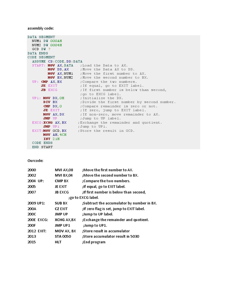 Num1 Num2 GCD: Data Segment DW DW DW Data Ends Code Segment Assume Code Data Data | PDF ...