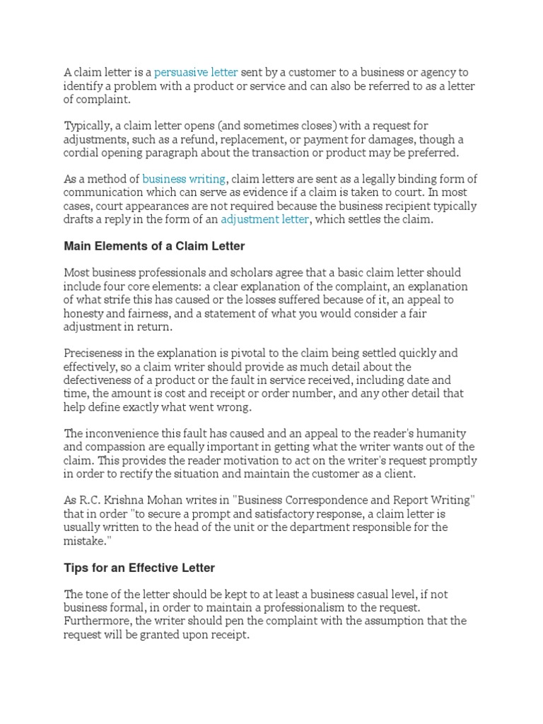 Persuasive Letter: Main Elements of A Claim Letter | PDF | Common Law ...