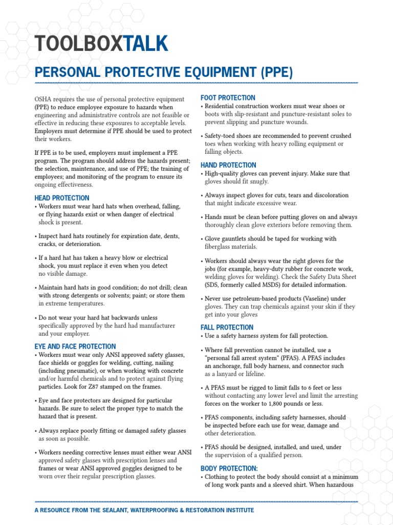 Toolbox: Personal Protective Equipment (Ppe) | PDF | Personal ...