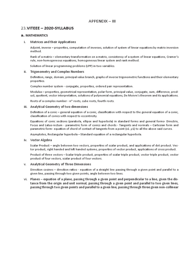 Appendix - Iii 23.VITEEE - 2020-SYLLABUS: Mathematics | PDF ...