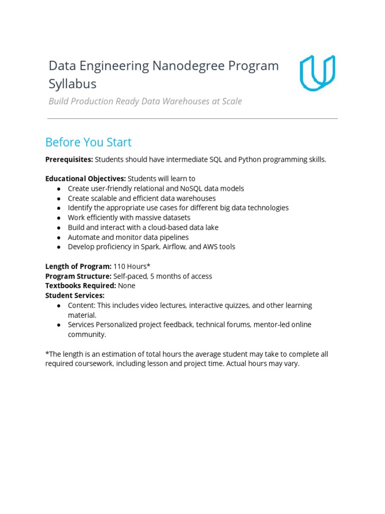 Data Engineering Nanodegree Program Syllabus PDF | PDF | Apache Spark ...