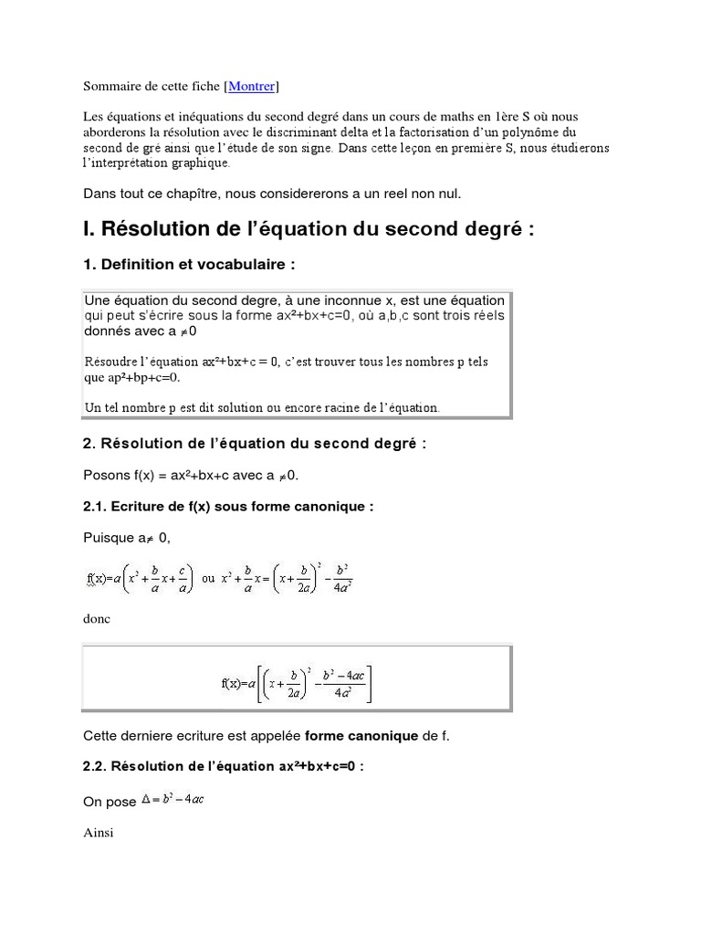 Sommaire de Cette Fiche | PDF | Équation du second degré | Algèbre