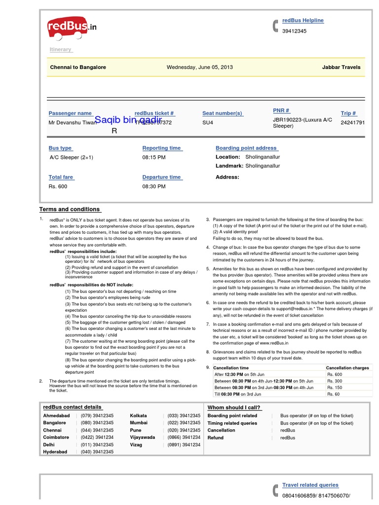 Saqib Bin Qadir: Chennai To Bangalore Jabbar Travels | PDF | Ticket (Admission) | Bus
