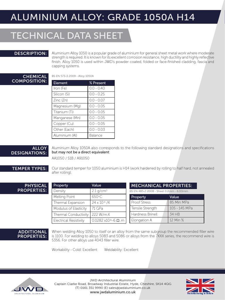 1050A H14 Aluminium Alloy Datasheet | PDF | Alloy | Titanium