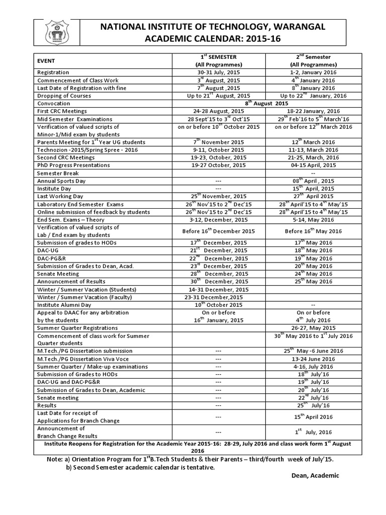 Nit Cal WL 2015-16 PDF | PDF | Academic Term | Educational Organizations