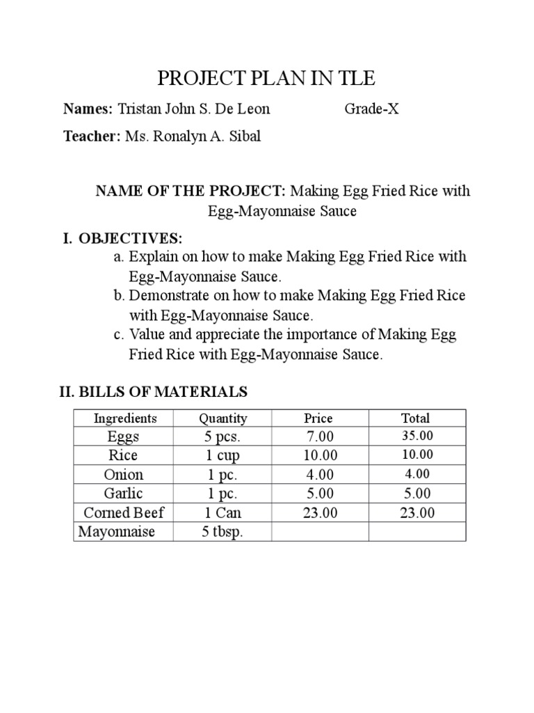 Project Plan in Tle: Names: Tristan John S. de Leon Grade-X Teacher: Ms ...