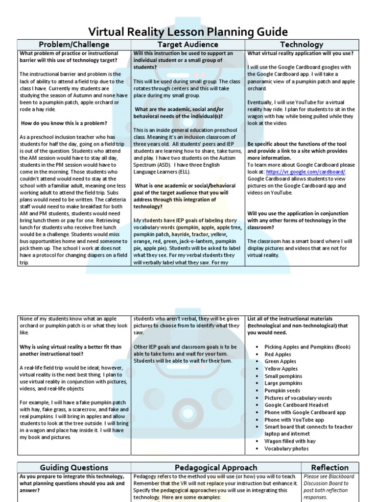 Virtual Reality Lesson Planning Guide: Problem/Challenge Target ...