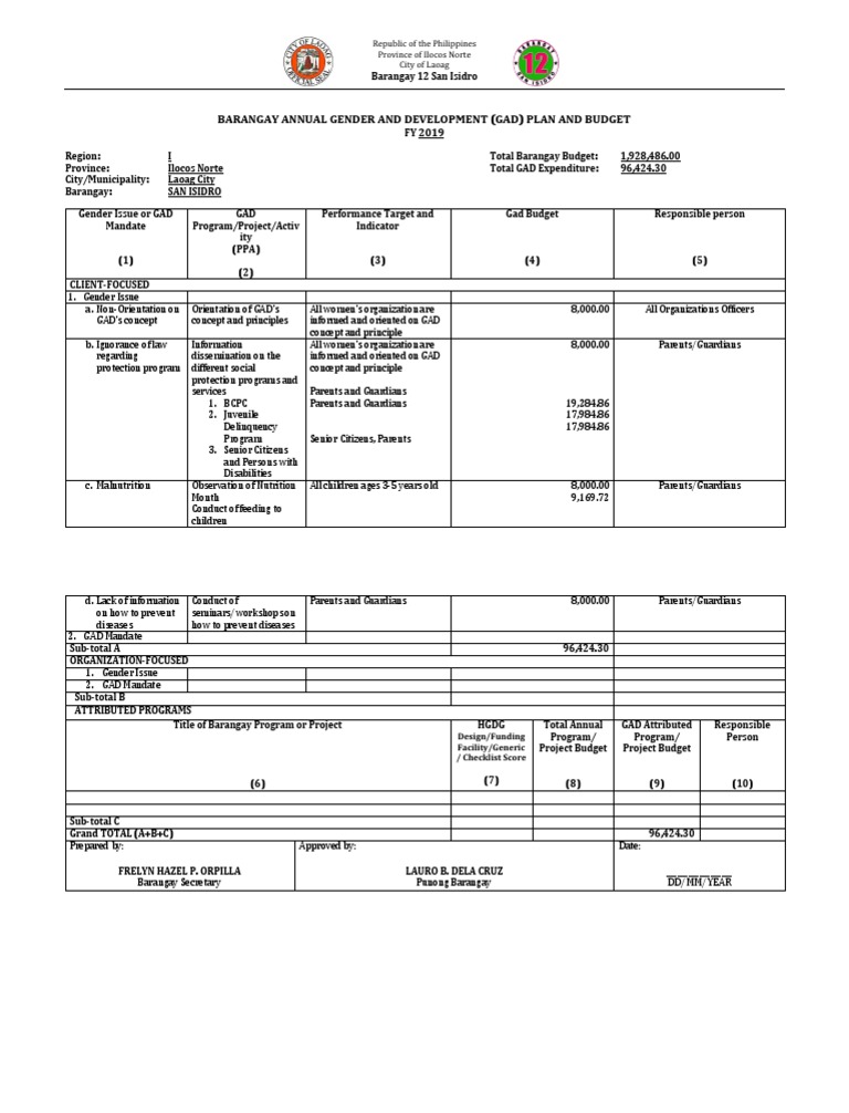 Barangay Annual Gender and Development (Gad) Plan and Budget | PDF ...
