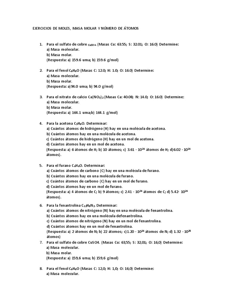 Ejercicios de Moles y Masa Molar | PDF | Mole (Unidad) | Oxígeno