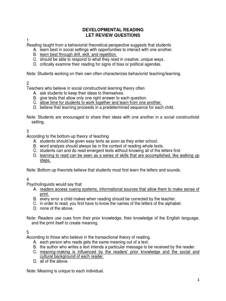 Developmental Reading Let Review Questions | PDF | Phonics | Learning ...