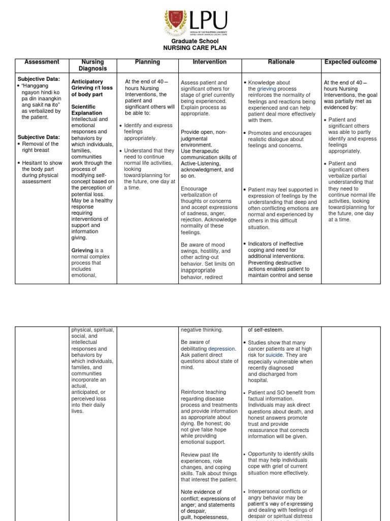 Nursing Care Plan for Grieving Patient | PDF | Grief | Coping (Psychology)