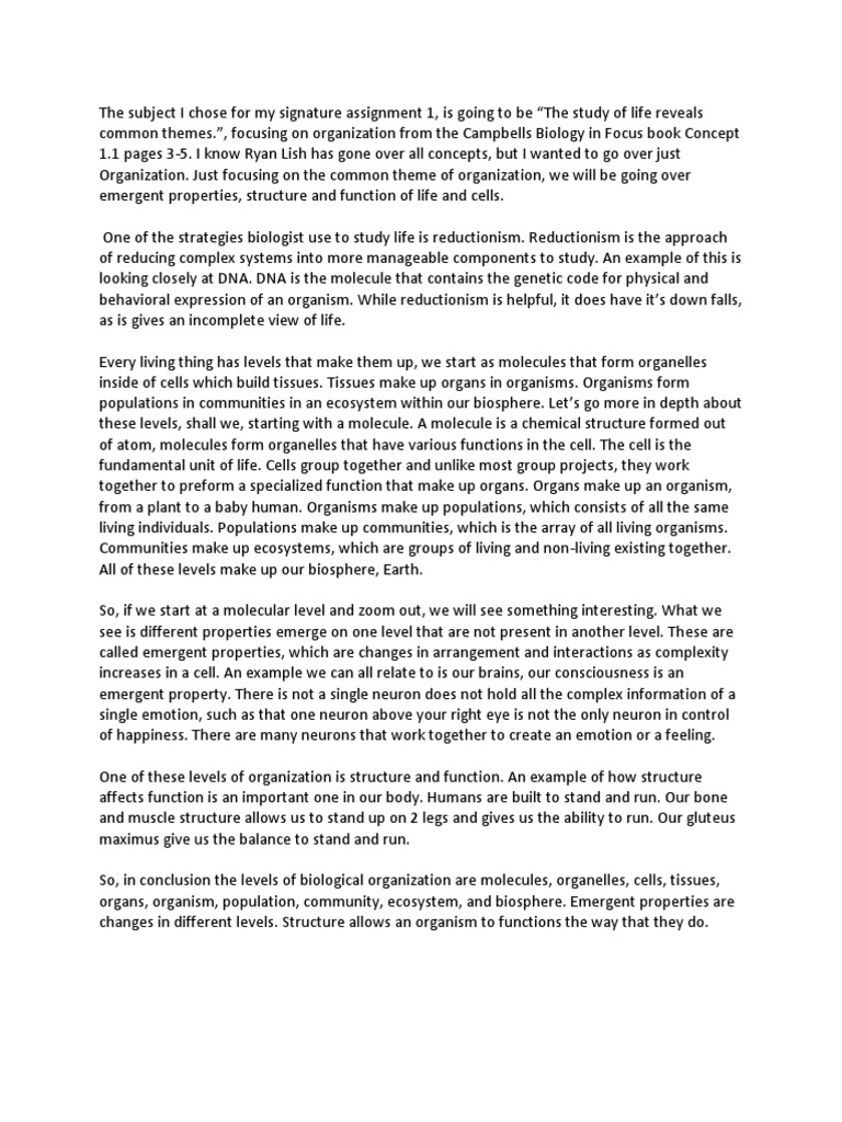 Biological Organization & Emergent Properties | PDF | Life | Organisms