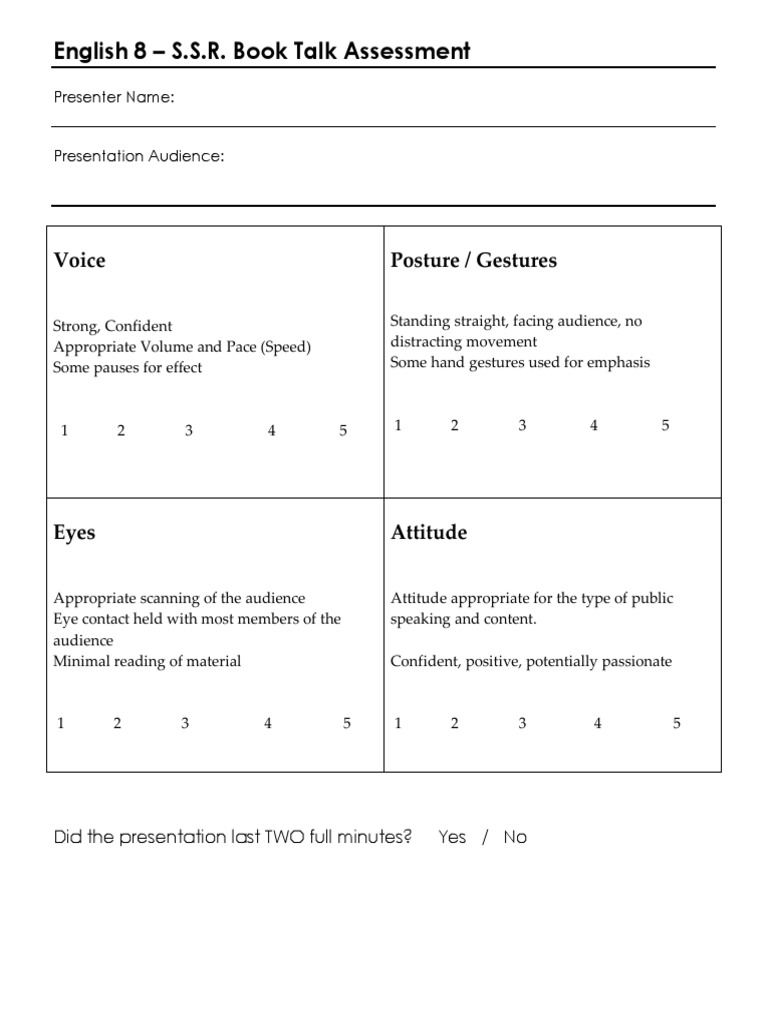 English 8 - S.S.R. Book Talk Assessment: Voice Posture / Gestures | PDF ...