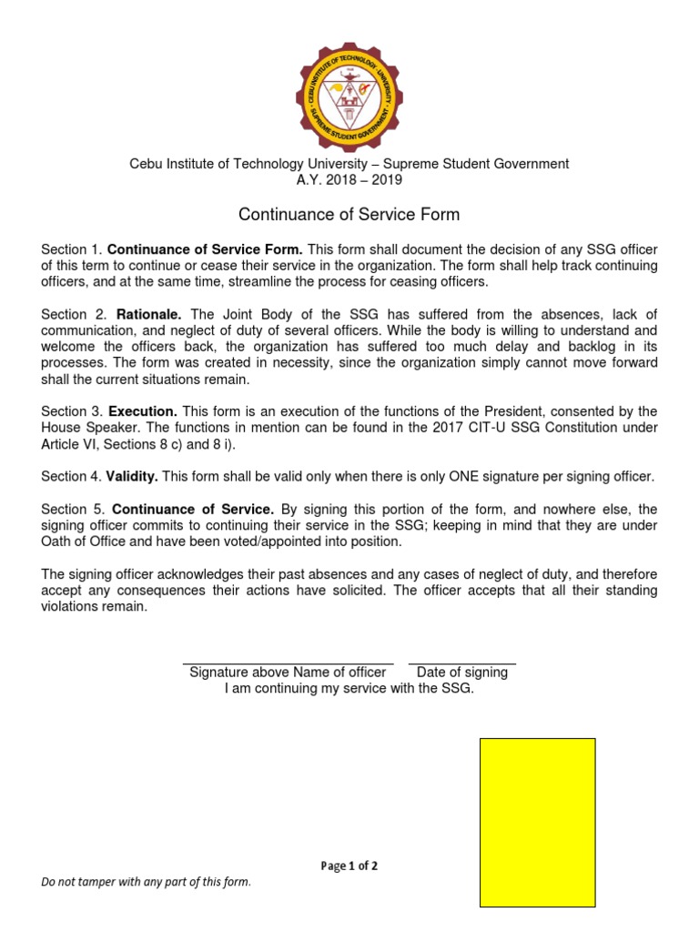Continuance of Service Form: Do Not Tamper With Any Part of This Form ...