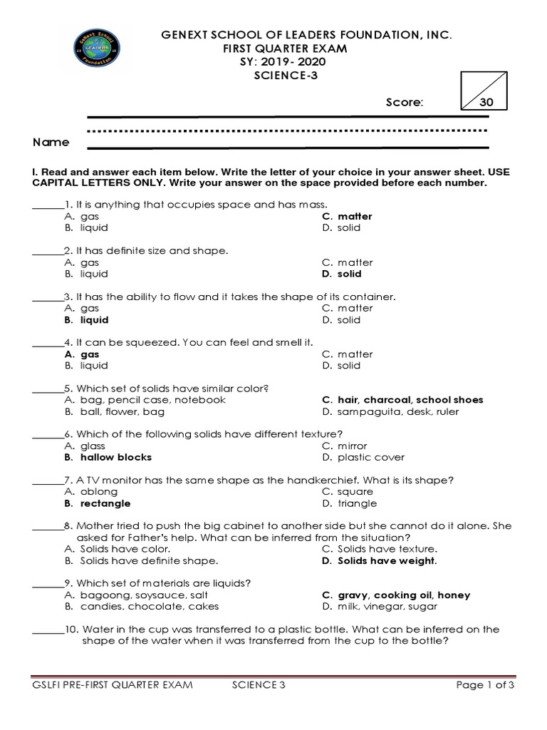 First Quarter Exam-Science 3 | PDF | Balloon | Liquids