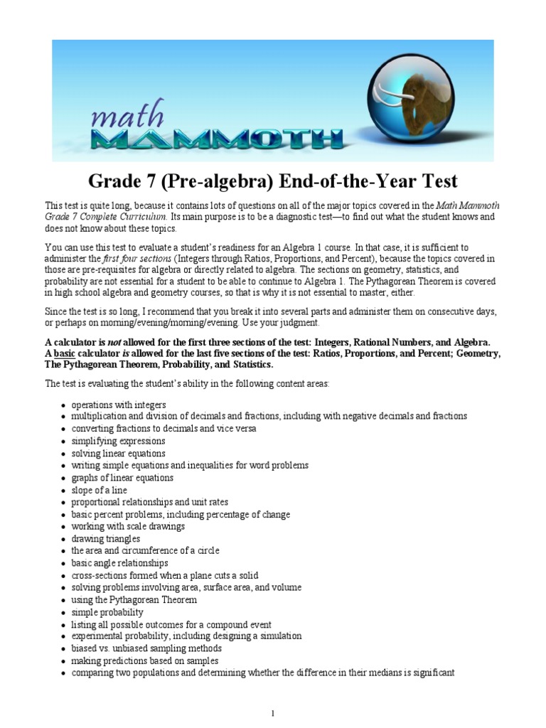 Grade 7 (Pre-Algebra) End-of-the-Year Test | PDF | Fraction ...