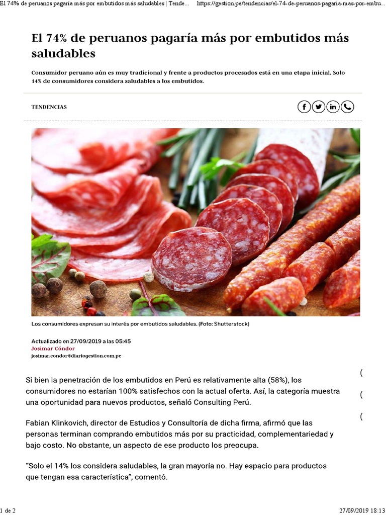 El 74% de Peruanos Pagaría Más Por Embutidos Más Saludables | PDF