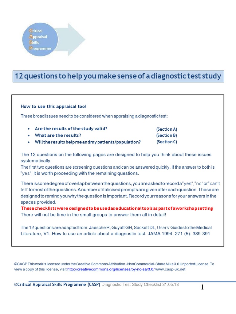 12 Questions To Help You Make Sense of A Diagnostic Test Study | PDF ...