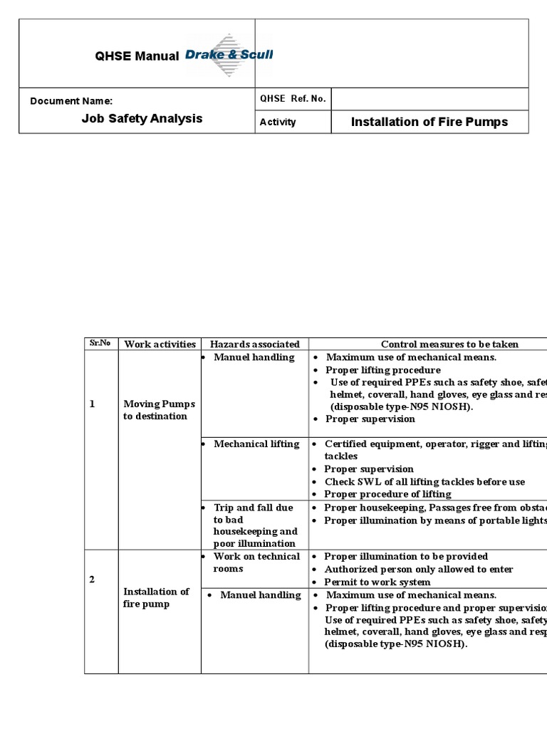 JSA For Installation of Fire Pumps | PDF | Personal Protective ...