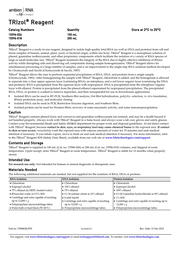 Trizol Reagent | PDF | Biochemistry | Chemistry