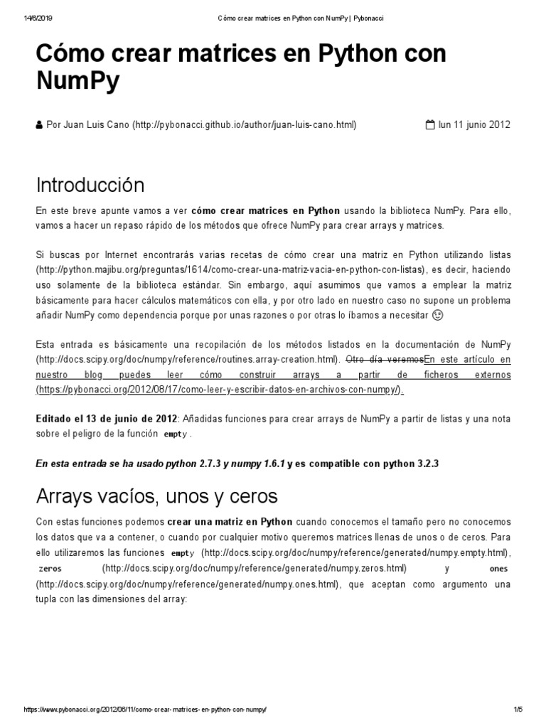 Cómo Crear Matrices En Python Con Numpy Pybonacci Pdf Python Lenguaje De Programación 