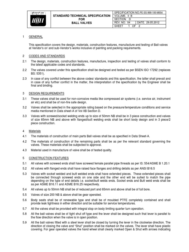 STANDARD TECHNICAL SPECIFICATION Ball Valves PDF | PDF | Valve ...