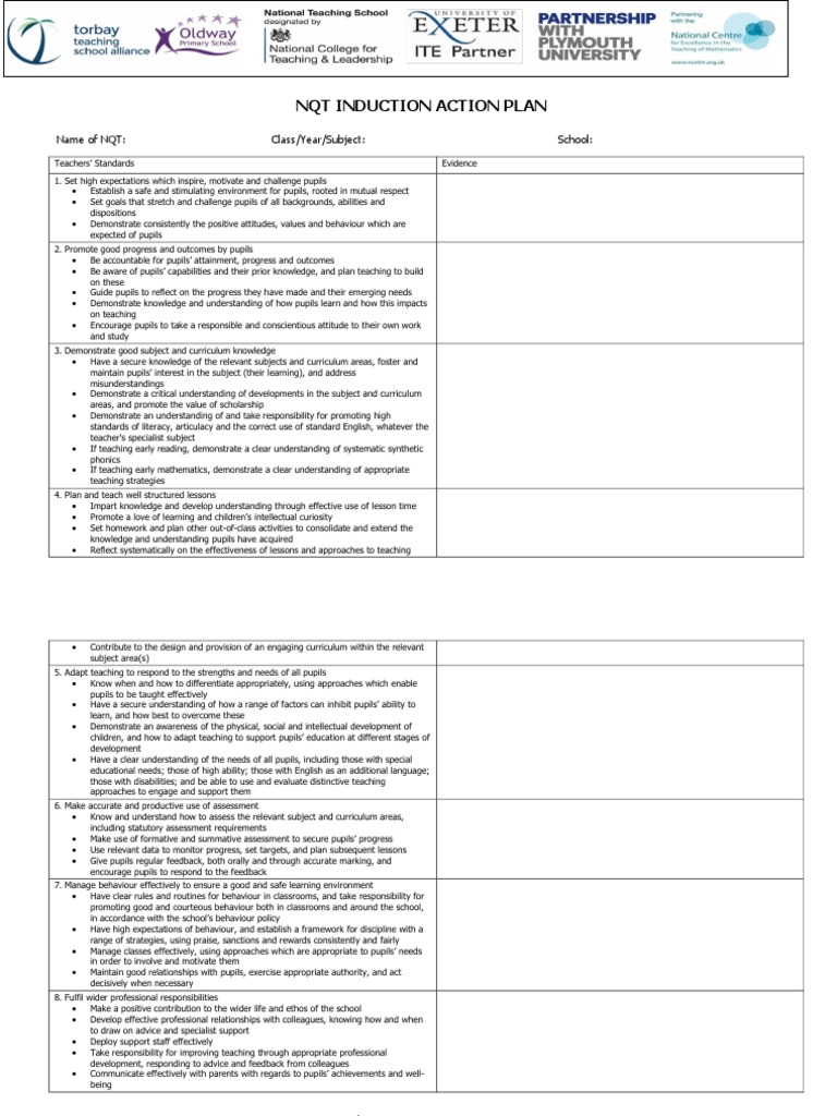 Ttsa NQT Induction Action Plan or Evidence Linked To Standards | PDF ...