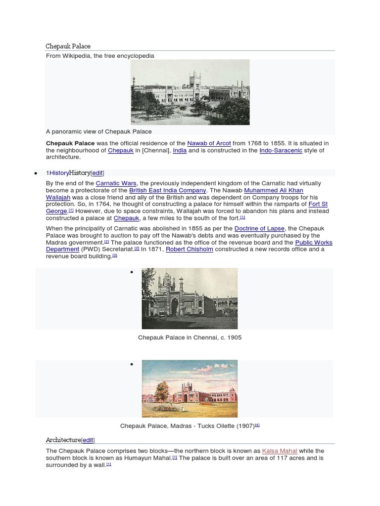 Chepauk Palace: History and Architecture | PDF