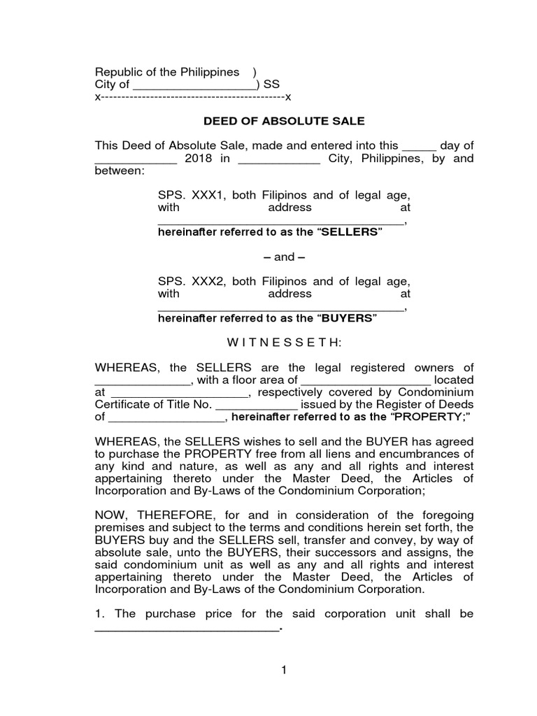 Deed of Absolute Sale for Condominium | PDF | Condominium | Deed