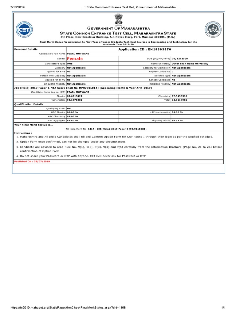 Mhtcet Final Merit List | Download Free PDF | University And College ...