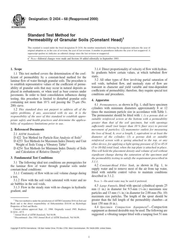 ASTM D 2434 Permeability PDF | PDF | Soil | Fluid Dynamics