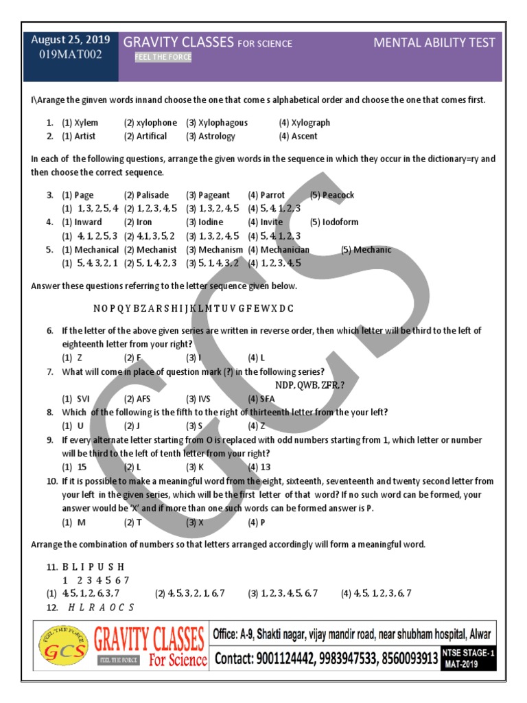 Gravity Classes: Mental Ability Test | PDF | Matrix (Mathematics ...