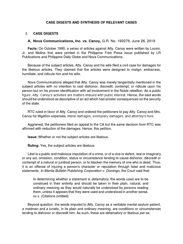 Case Digests and Synthesis | PDF | Defamation | Complaint