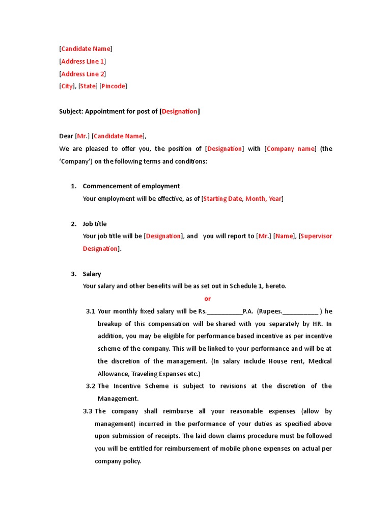 Appointment Letter Format | PDF | Confidentiality | Employment