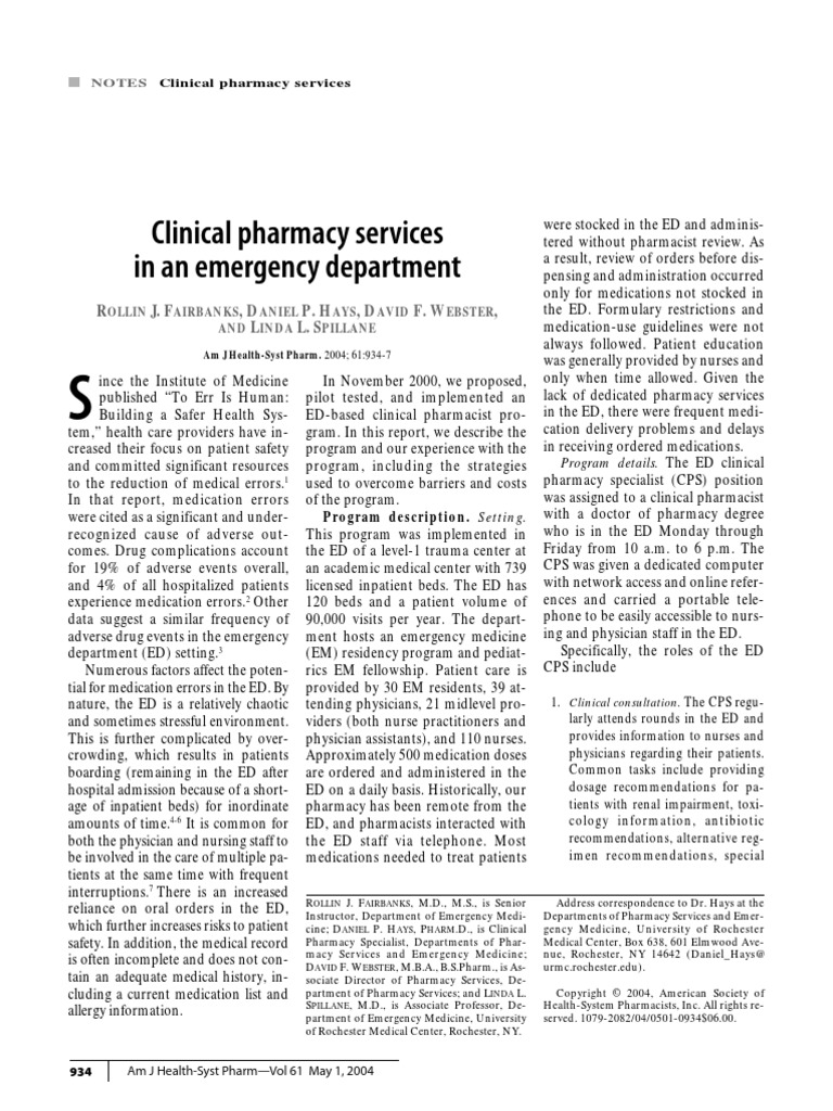 Ed Pharmacist Article 2004 | PDF | Emergency Department | Pharmacy