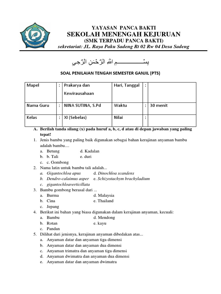 Soal PTS GANJIL PKWU Kls XI | PDF