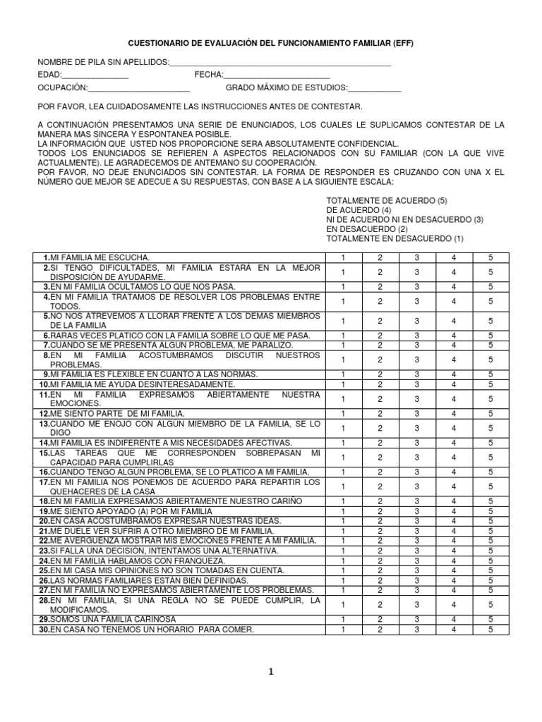 Cuestionario de Evaluacion Del Funcionamiento Familiar (Eff)