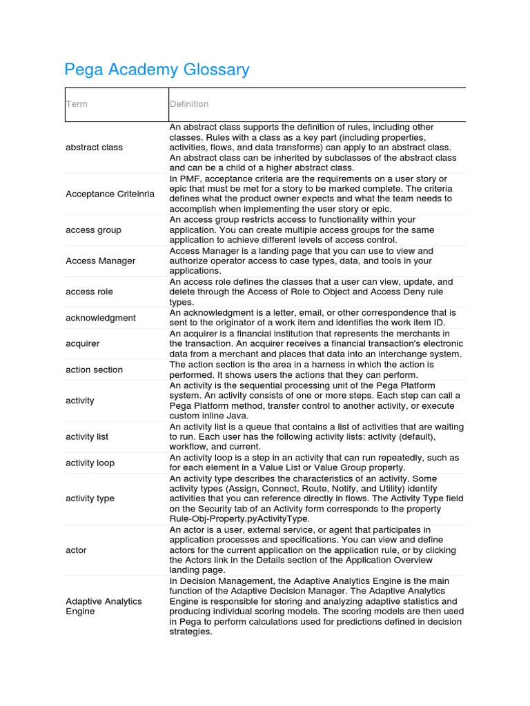 Pega Academy Glossary | PDF | Class (Computer Programming) | Ajax ...