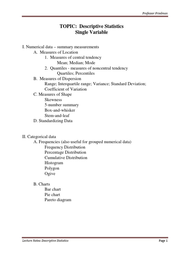 TOPIC: Descriptive Statistics Single Variable: Professor Friedman | PDF | Skewness | Median