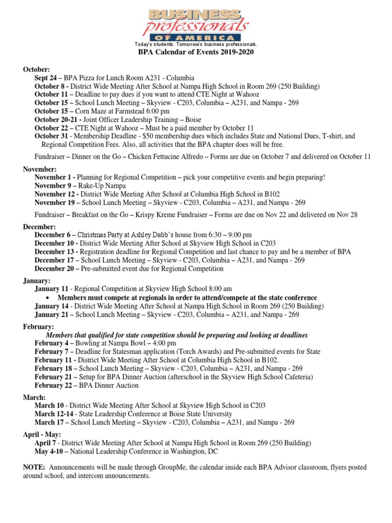 Bpa Calendar of Events 2019-20 | PDF | Eating Behaviors Of Humans | Meal