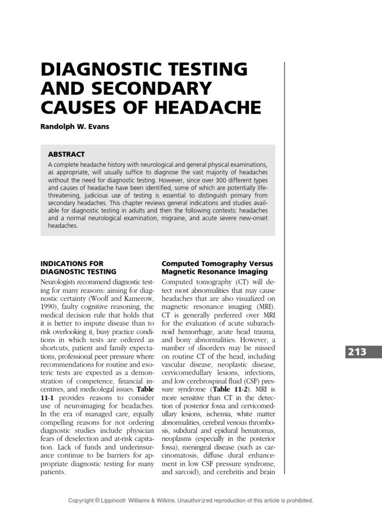 13 Diagnostic Testing of Headache | PDF | Headache | Cerebrospinal Fluid