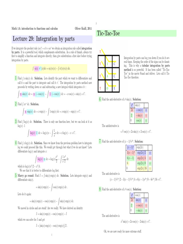 Lecture 29: Integration by Parts Tic-Tac-Toe | PDF | Exponential Function | Trigonometric Functions