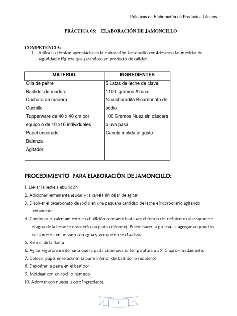 PROCEDIMIENTO 08 Act 2017, Elaboracion de Jamoncillo | PDF