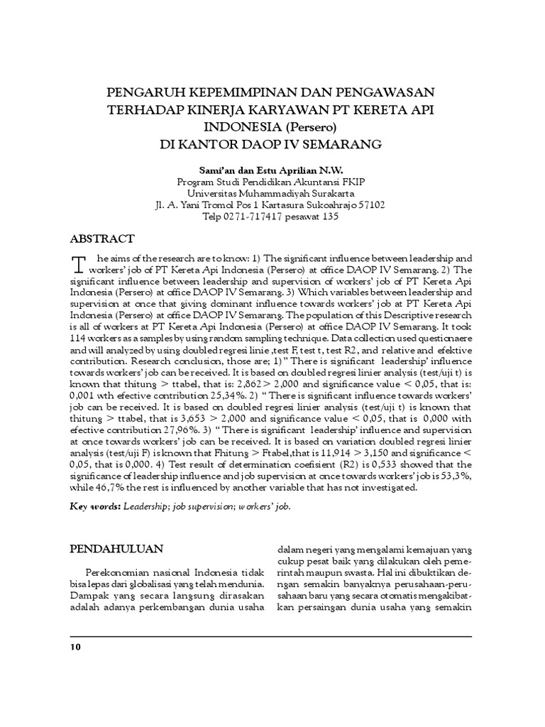 Pengaruh Kepemimpinan Dan Pengawasan Terhadap Kinerja Karyawan PT ...