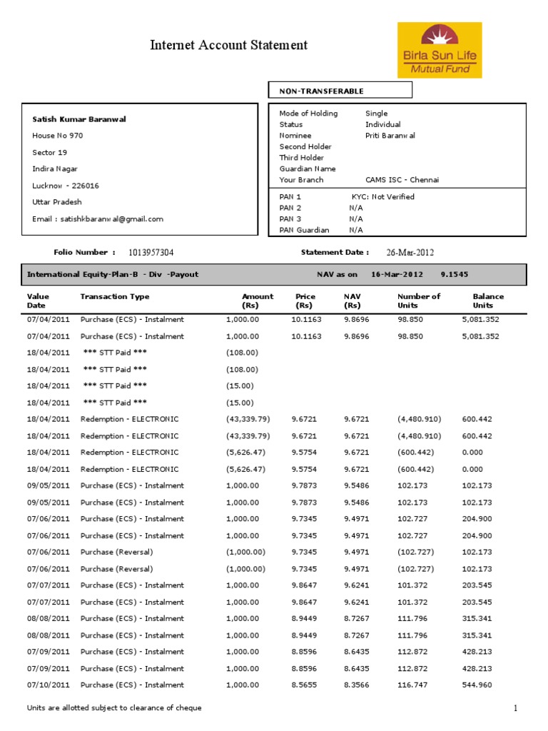 Internet Account Statement: Non-Transferable | PDF | Investing | Money