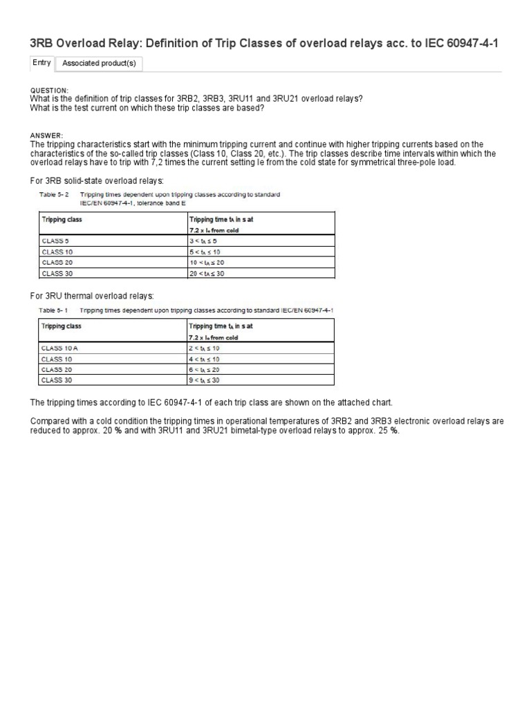 Definition of Trip Classes of Overload Relays 3RB21 | PDF