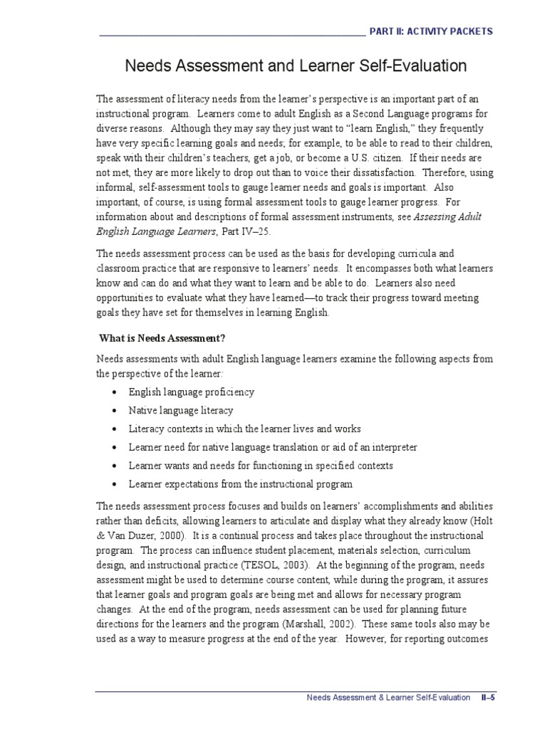 Needs Assessment for ESL Learners | PDF | Educational Assessment ...