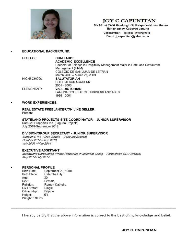 Resume Joy Capunitan | PDF