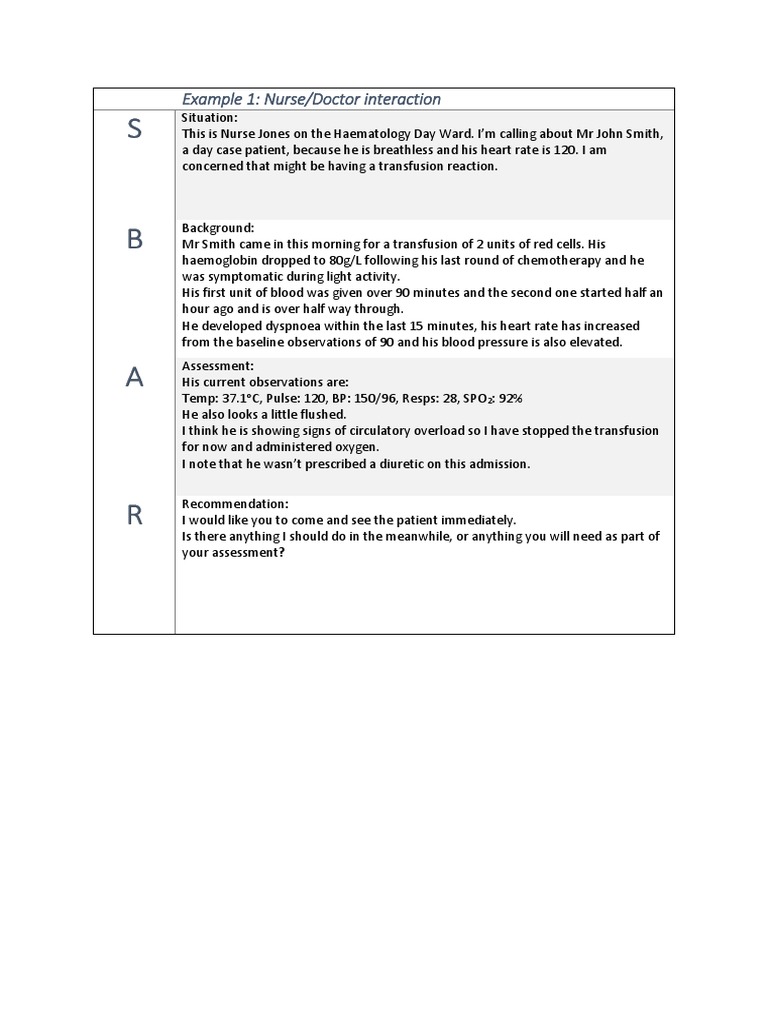 SBAR Examples | PDF | Physiology | Health Sciences